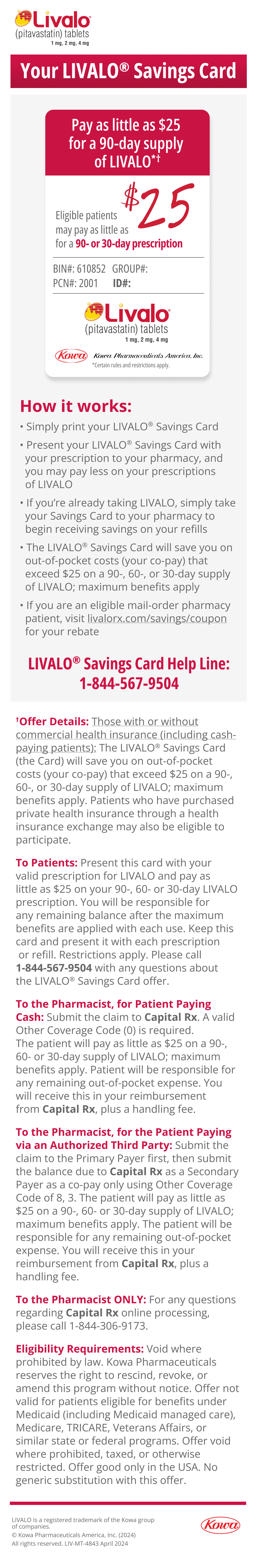 LIVALO® (pitavastatin) Savings Card for Your Patients